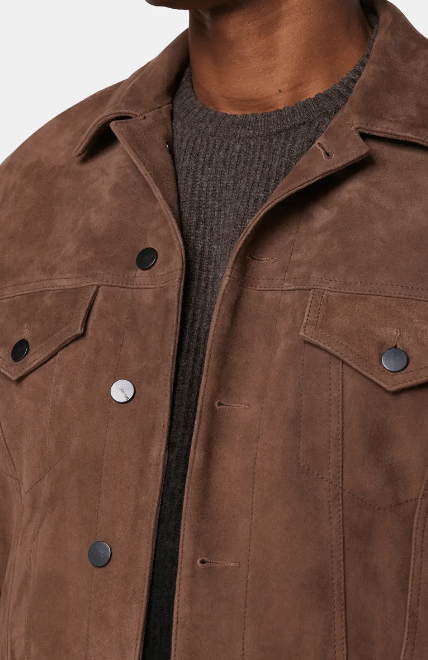 Men's Suede Leather Trucker Jacket In Tan Beige - Arcane Fox