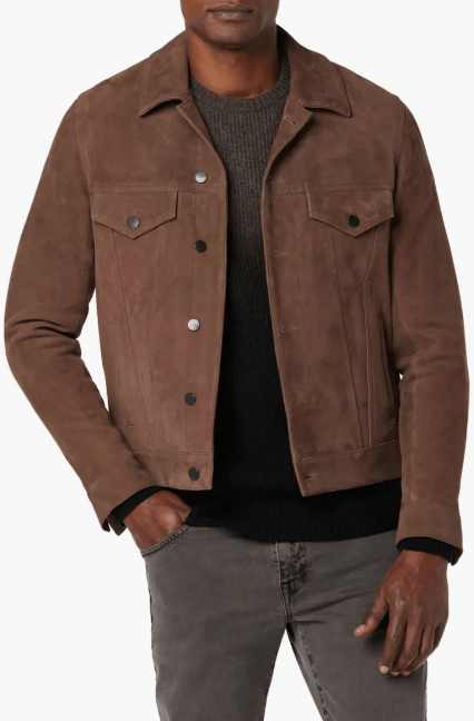 Men's Suede Leather Trucker Jacket In Tan Beige - Arcane Fox