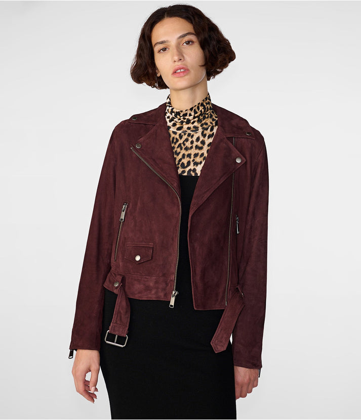 Women's Suede Leather Biker Jacket In Maroon - Arcane Fox
