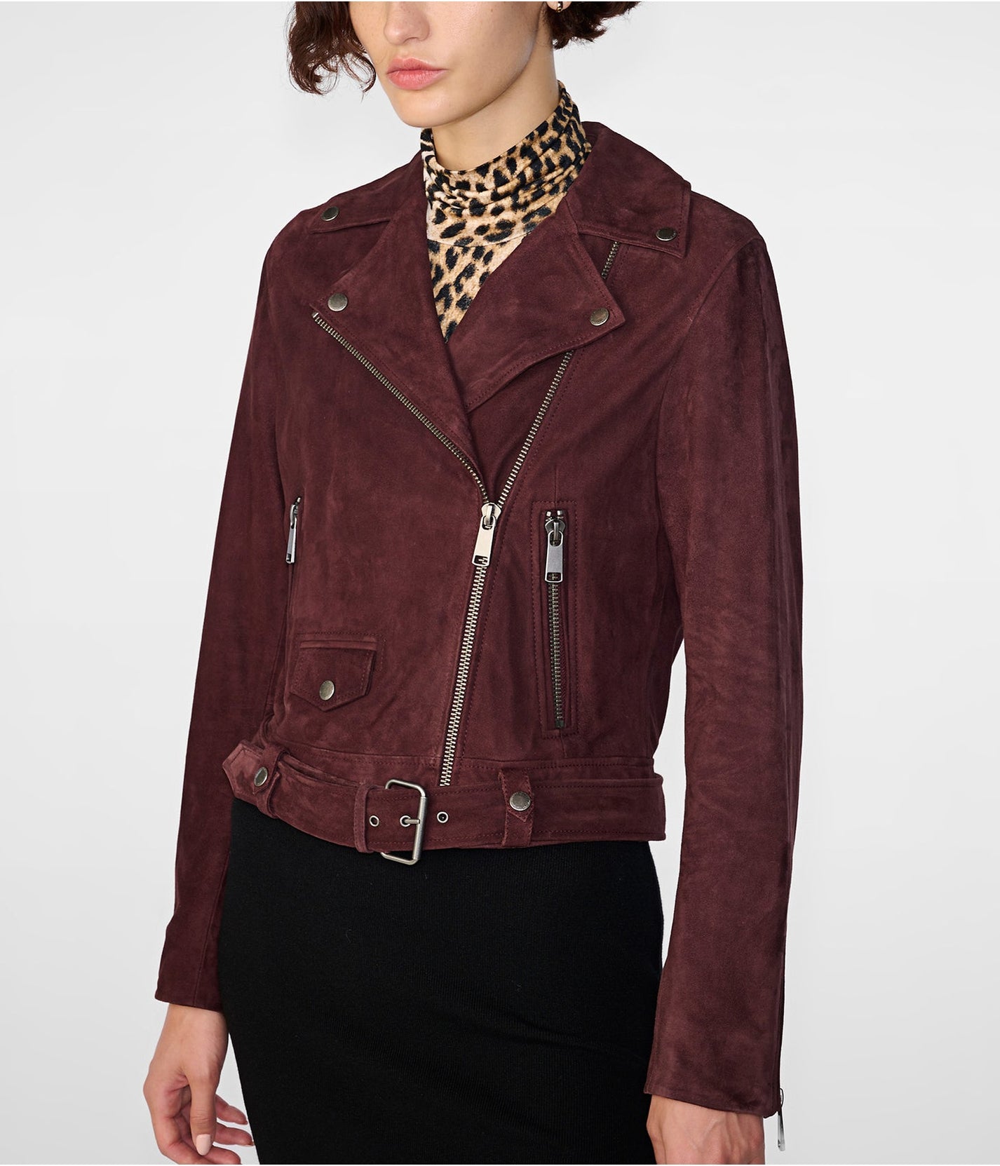 Women's Suede Leather Biker Jacket In Maroon - Arcane Fox