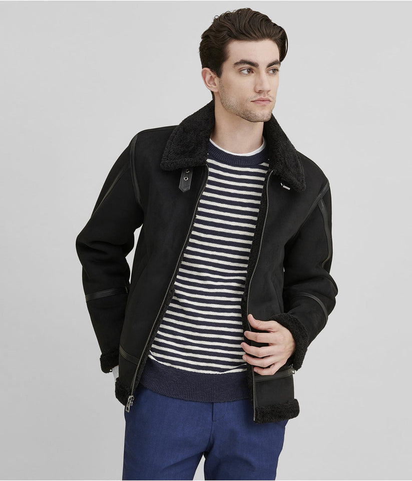 Men's Leather Suede Shearling Jacket in Black