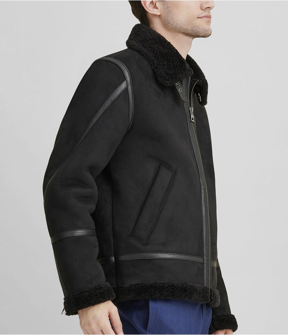 Men's Leather Suede Shearling Jacket in Black