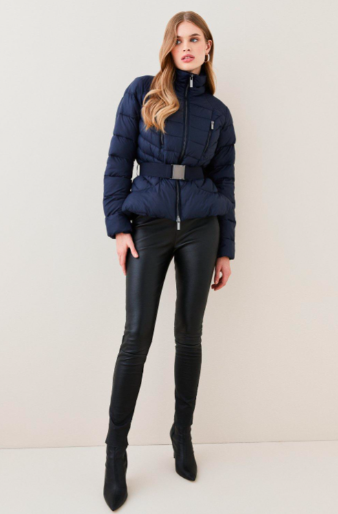 Women's Puffer Jacket In Navy Blue With Belt - Arcane Fox